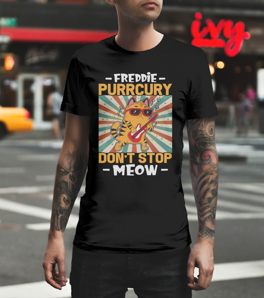 Freddie Purrcury Don't Stop Meow Cat With Guitar Retro Music Vibes T-Shirt