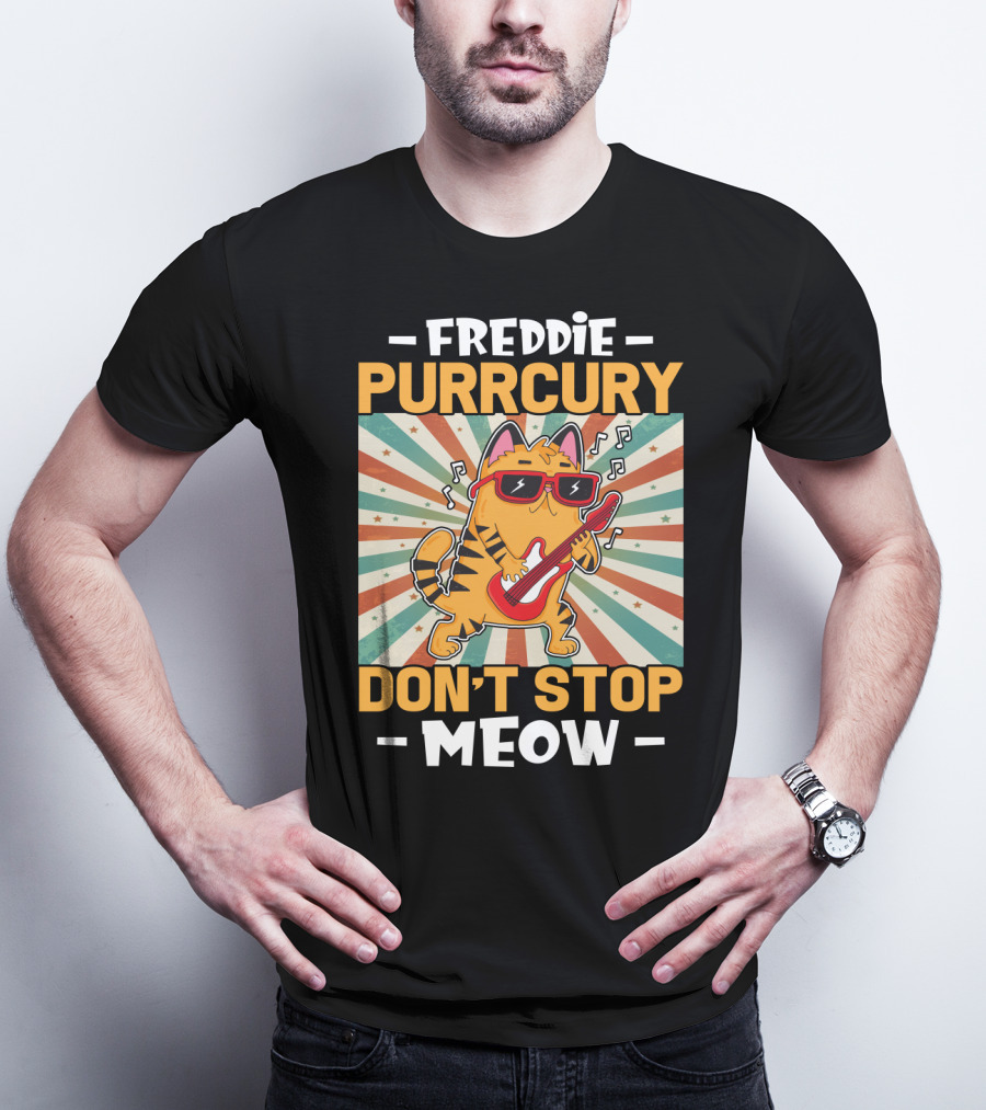 Freddie Purrcury Don't Stop Meow Cat With Guitar Retro Music Vibes T-Shirt