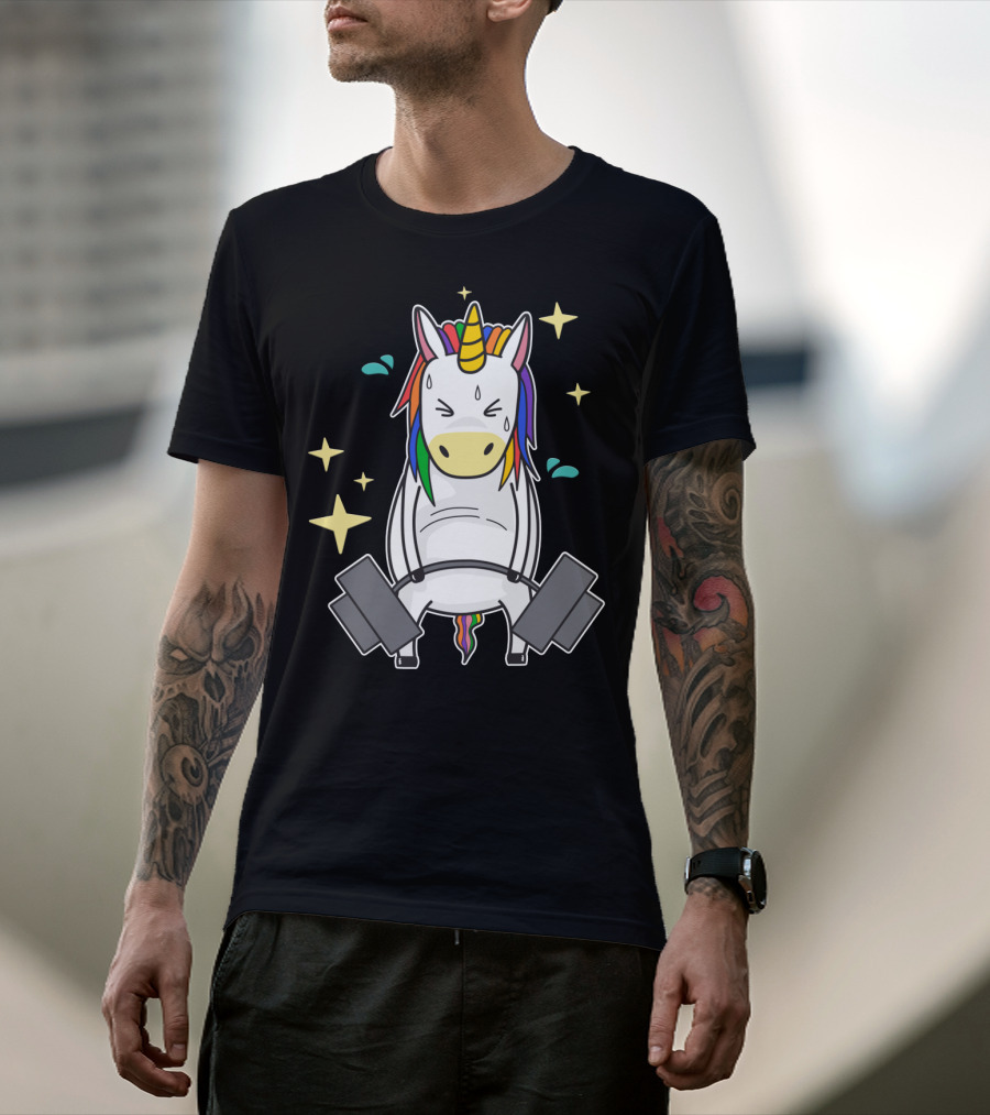 Unicorn Weightlifting Fitness Gym Sweat Rainbow Mane Stars T-Shirt