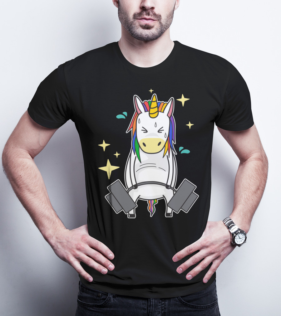 Unicorn Weightlifting Fitness Gym Sweat Rainbow Mane Stars T-Shirt