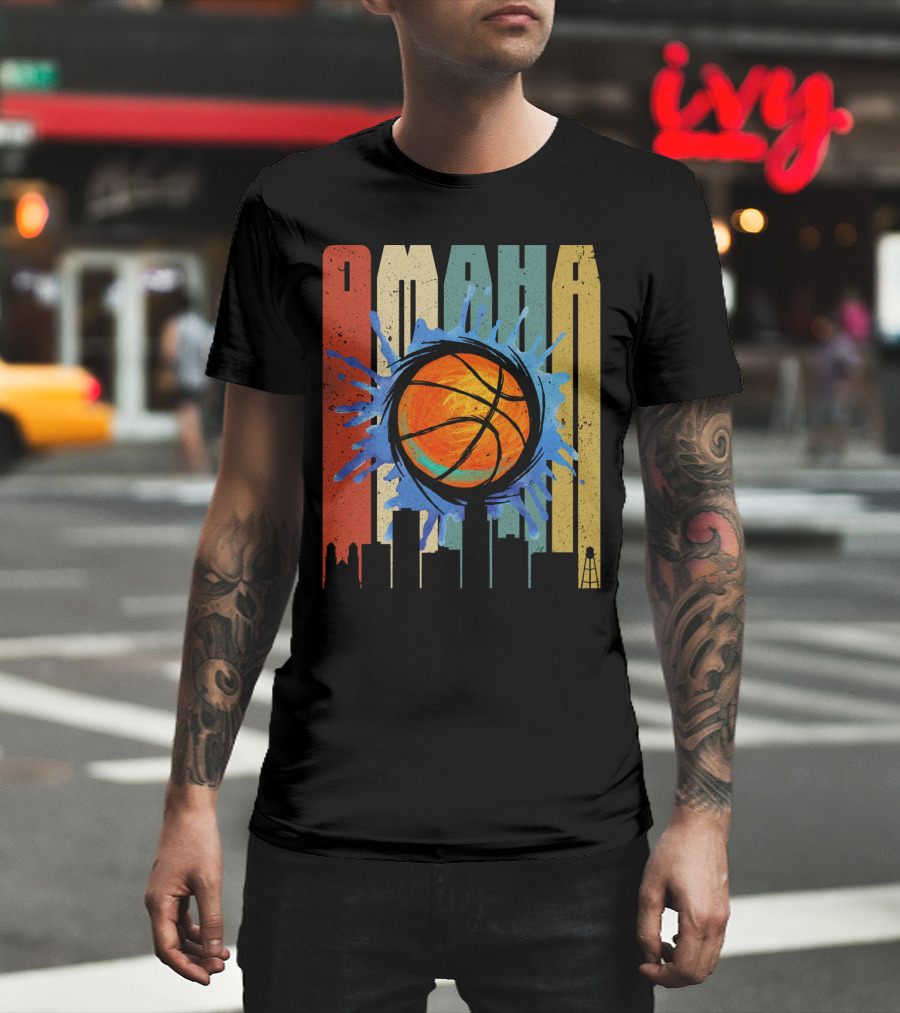 Omaha Basketball Skyline Vintage Splatter T-Shirt