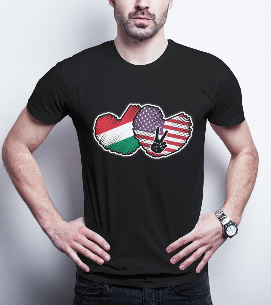 Peace Sign With Hungarian And American Heart-Shaped National Flags T-Shirt