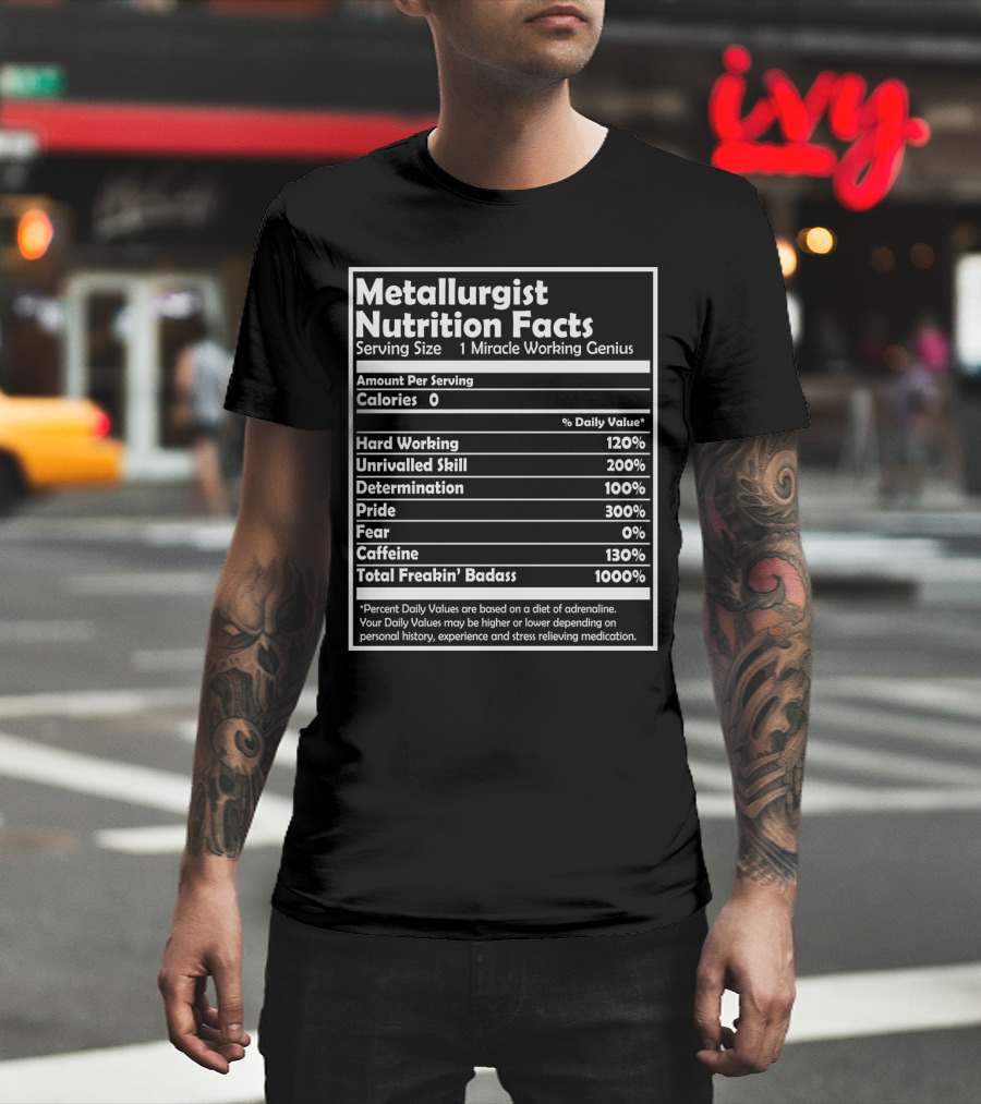 Metallurgist Nutrition Facts Miracle Working Genius 1000 Percent Freakin' Badass T-Shirt