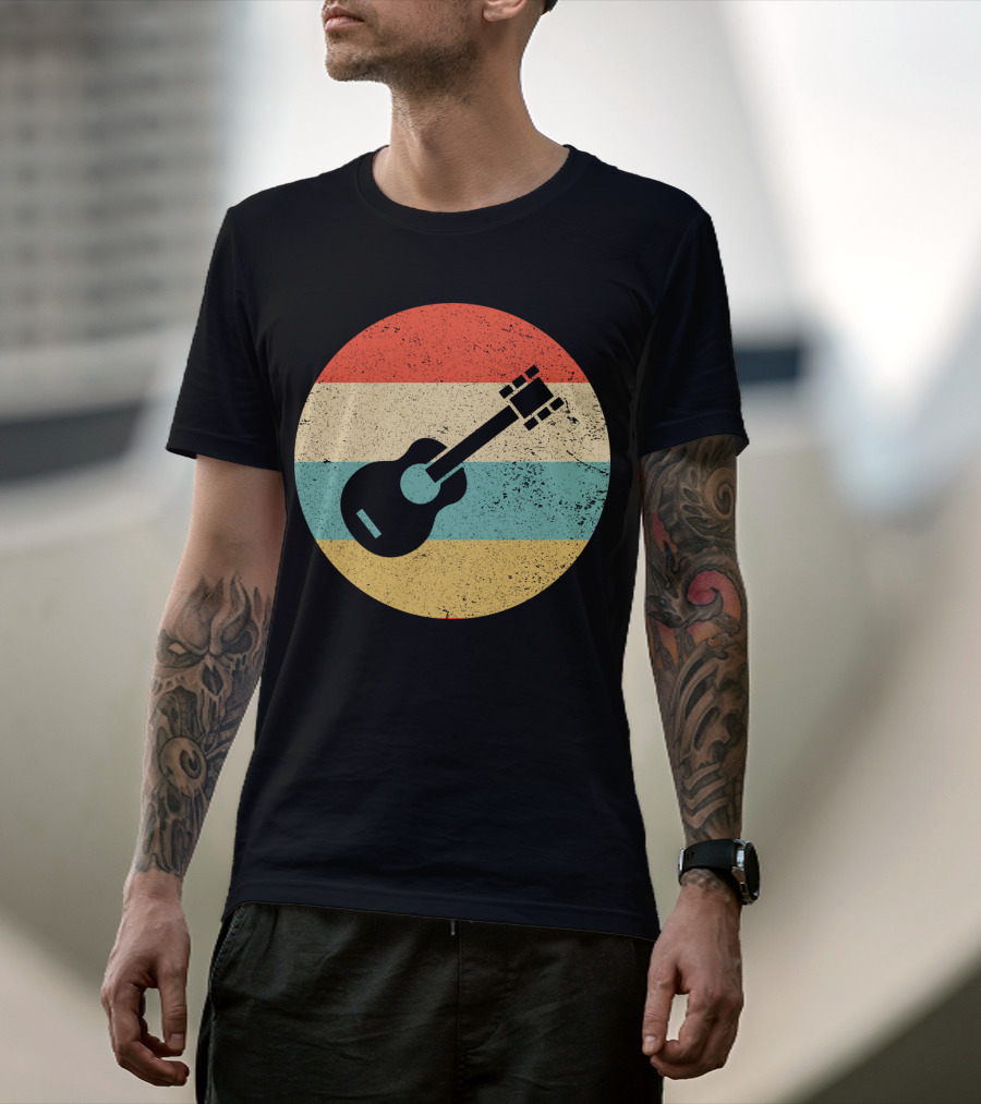 Vintage Retro Guitar Silhouette With Striped Circle T-Shirt
