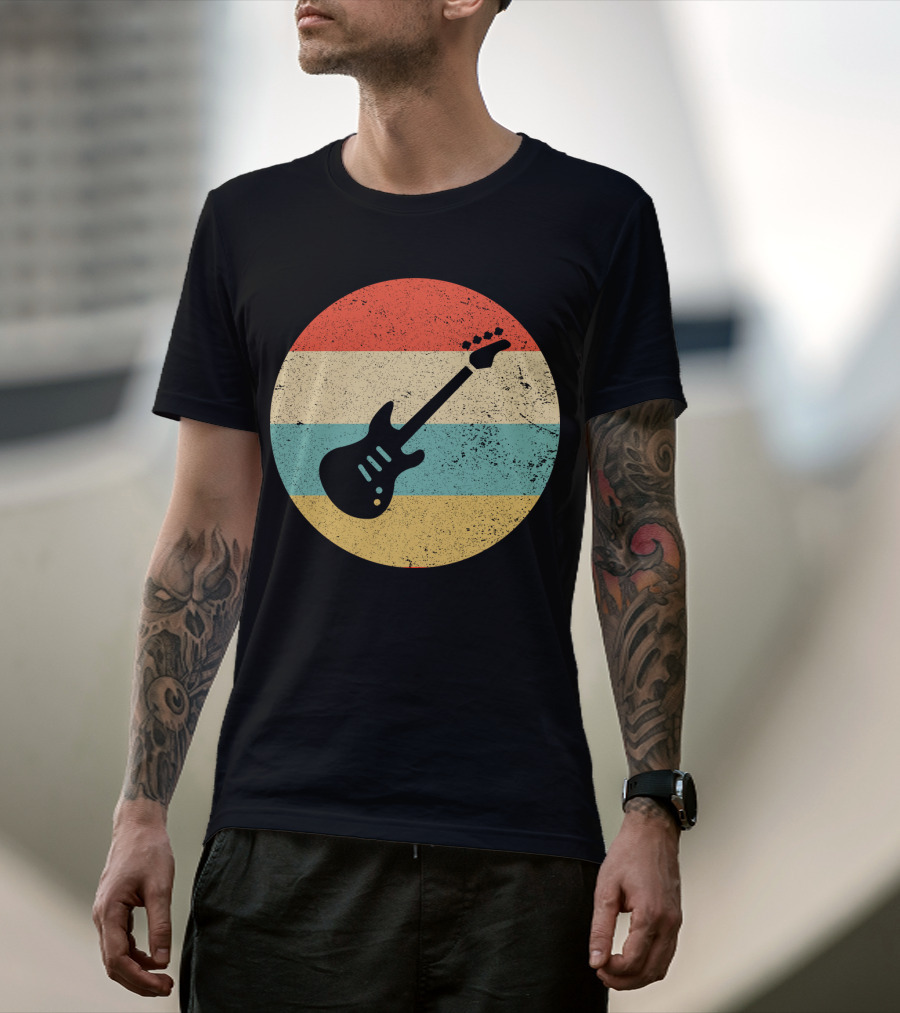 Vintage Retro Bass Guitar Silhouette Sunset Stripes T-Shirt