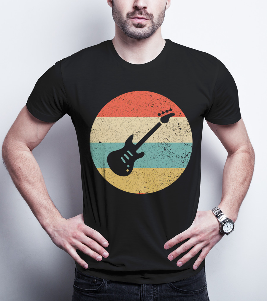 Vintage Retro Bass Guitar Silhouette Sunset Stripes T-Shirt