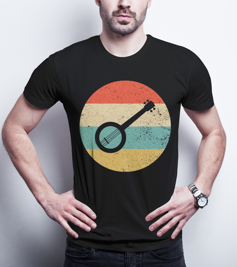 Retro Banjo Silhouette On Vintage Striped Circle T-Shirt