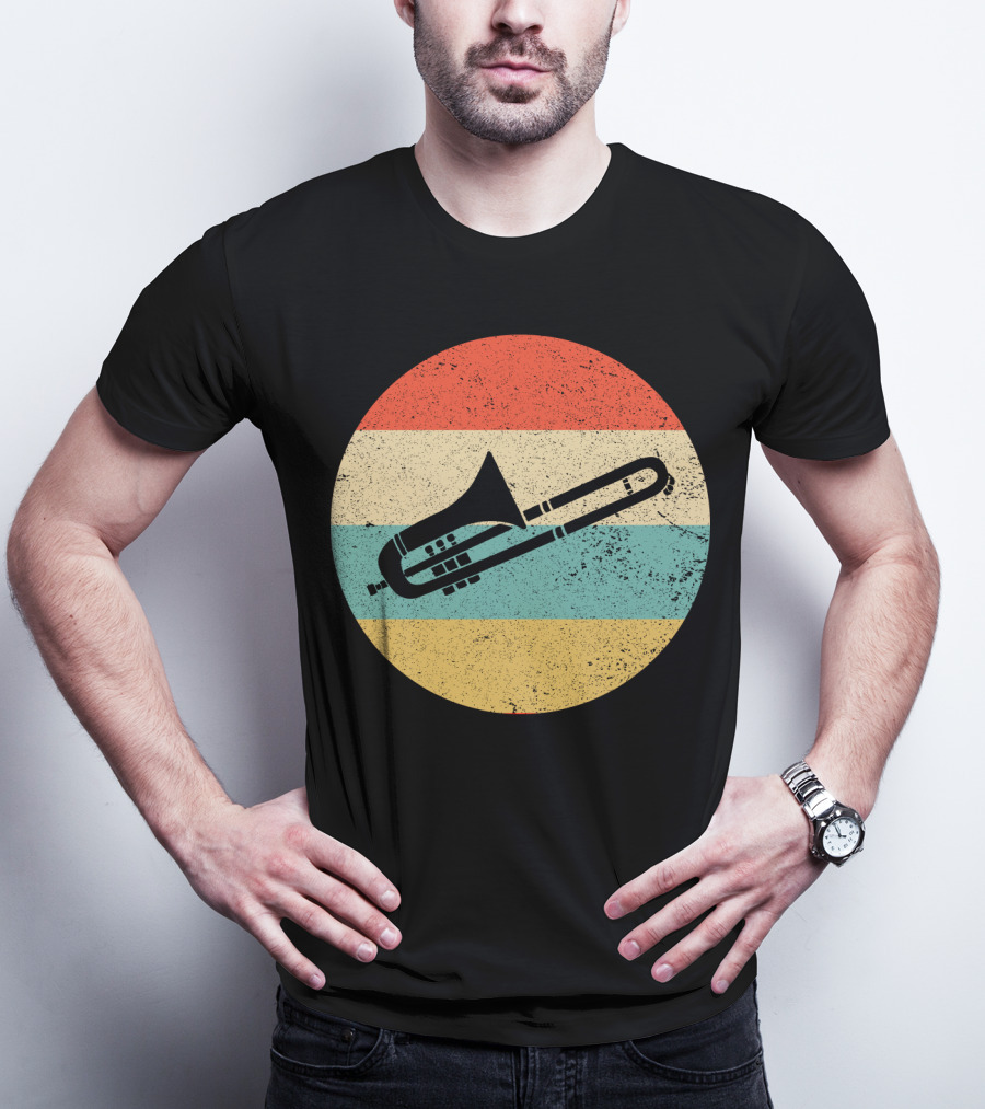 Vintage Retro Trombone Graphic On Striped Circle Background T-Shirt