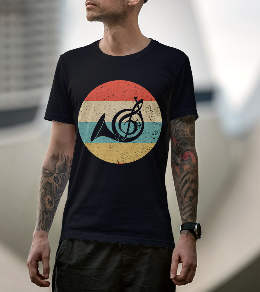Vintage Retro Treble Clef French Horn Circle T-Shirt