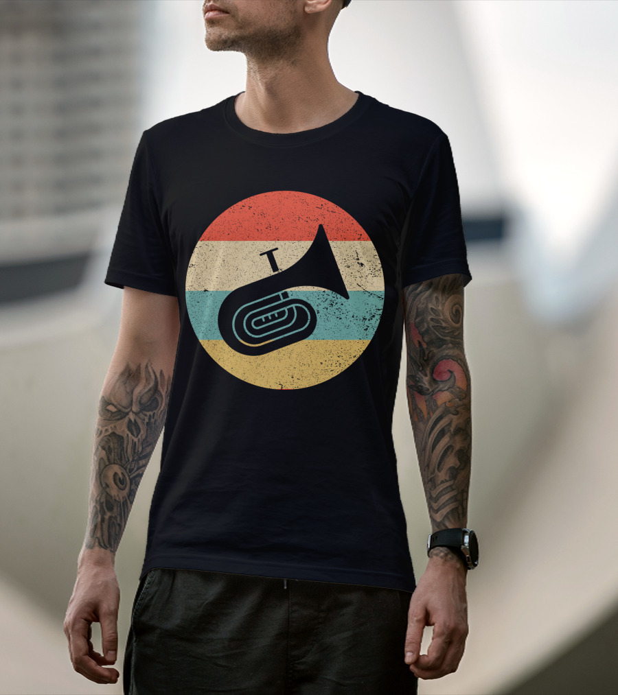 Vintage Retro Tuba Circle With Distressed Rainbow Stripes Background T-Shirt