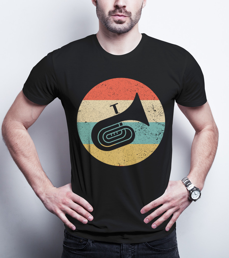 Vintage Retro Tuba Circle With Distressed Rainbow Stripes Background T-Shirt