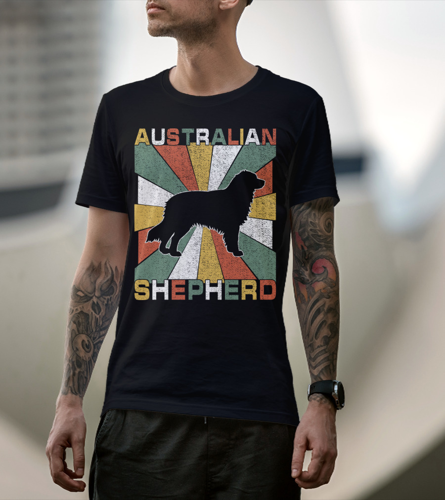 Australian Shepherd Dog Silhouette Retro 70s T-Shirt