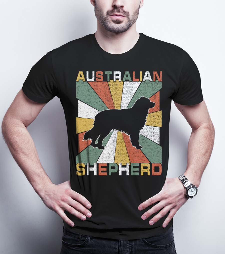 Australian Shepherd Dog Silhouette Retro 70s T-Shirt