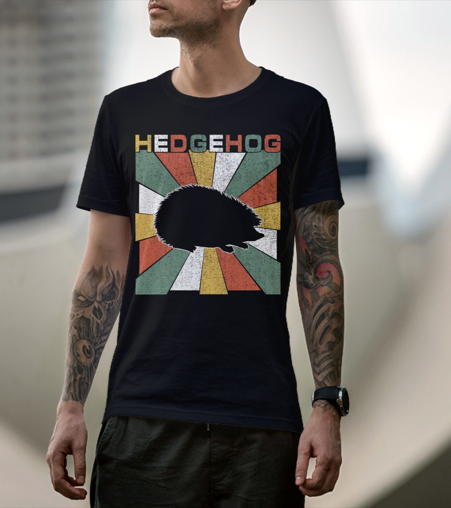Hedgehog Retro 70s Silhouette Vintage Stripe Burst T-Shirt
