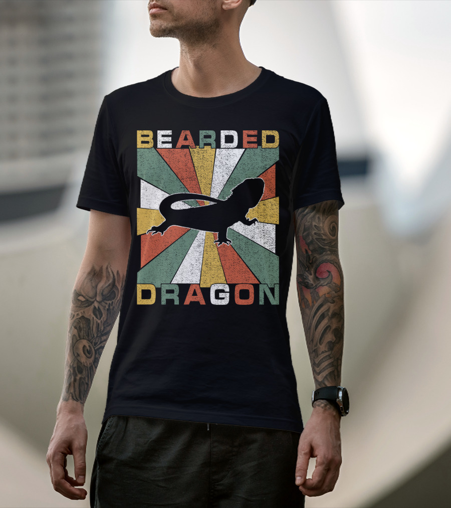 Bearded Dragon Retro 70s Vintage Silhouette Sunburst T-Shirt