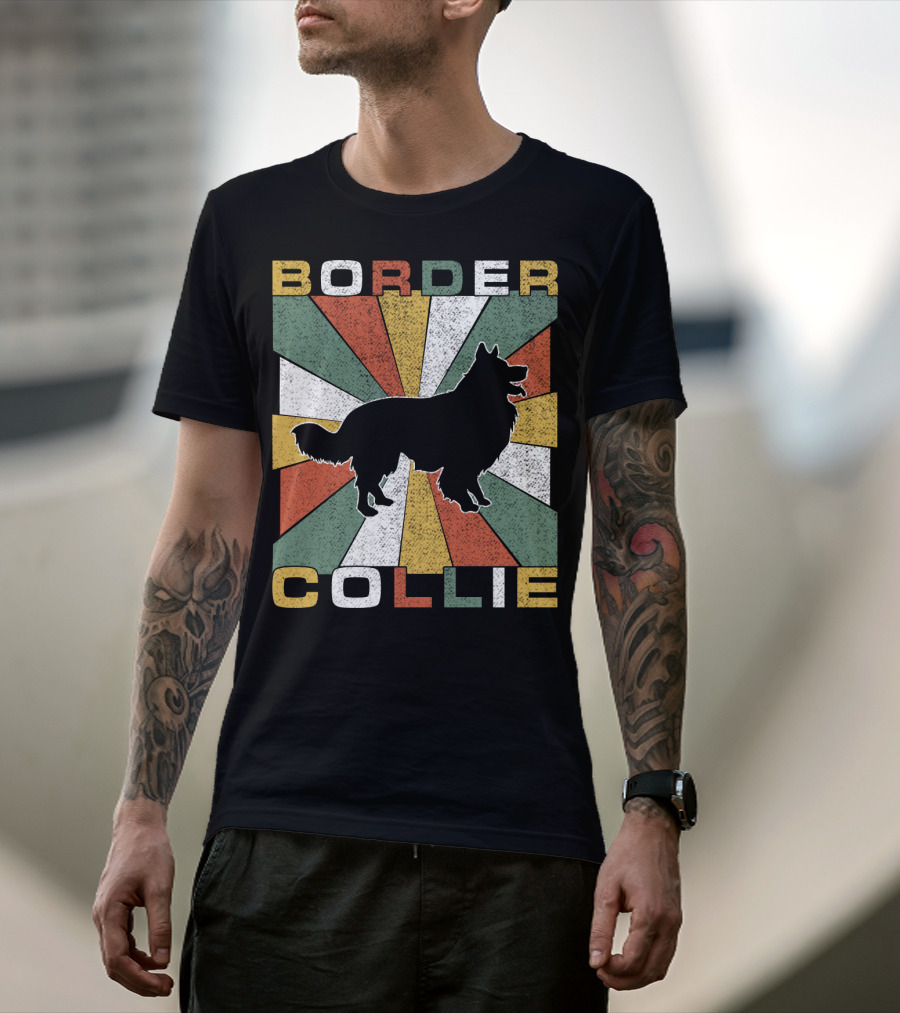 Border Collie Retro 70s Silhouette Radiant Stripes T-Shirt