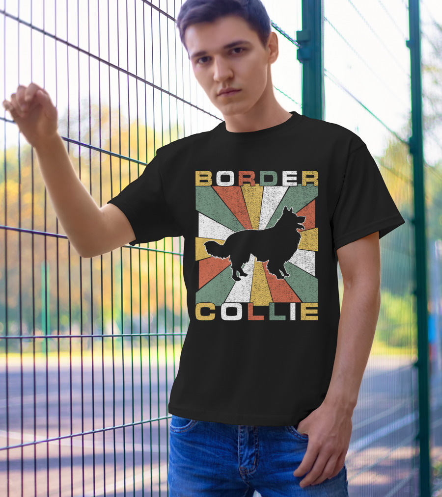 Border Collie Retro 70s Silhouette Radiant Stripes T-Shirt