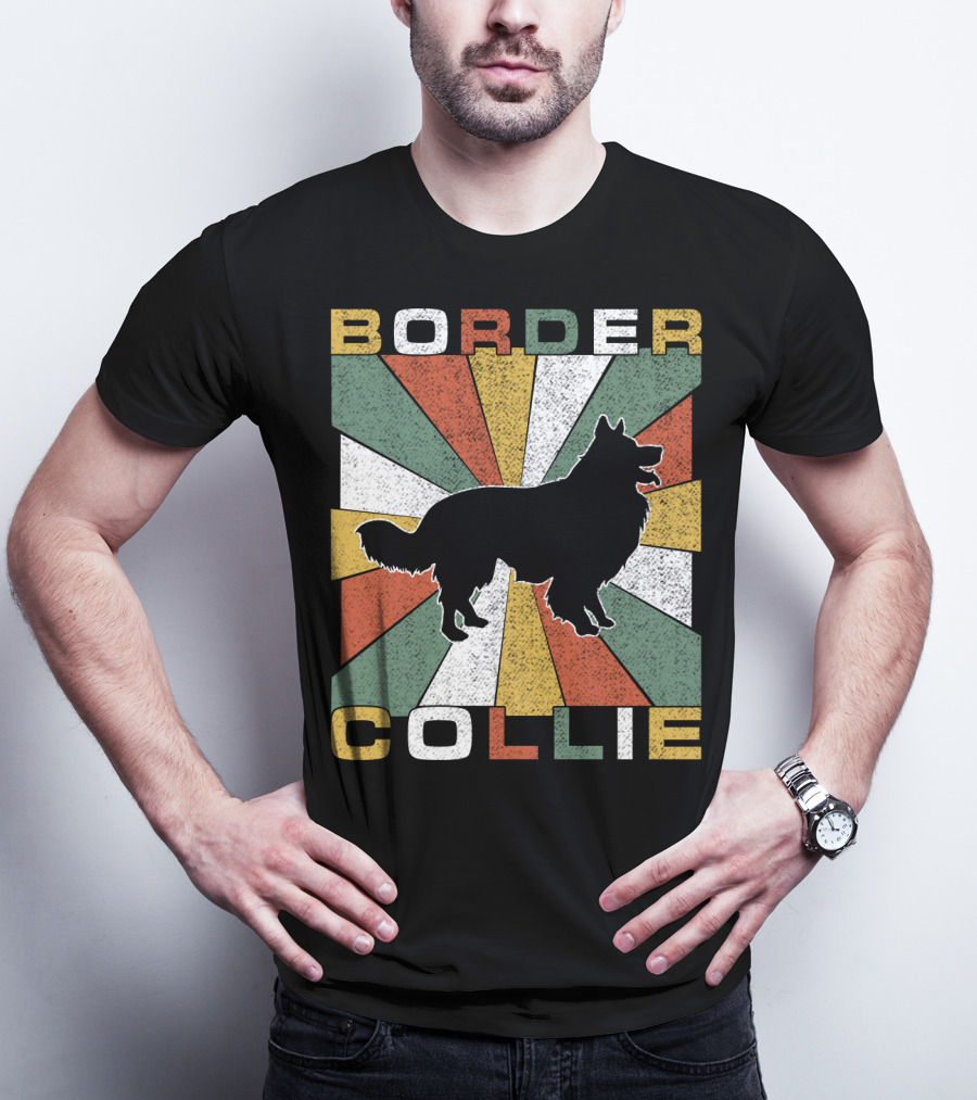 Border Collie Retro 70s Silhouette Radiant Stripes T-Shirt