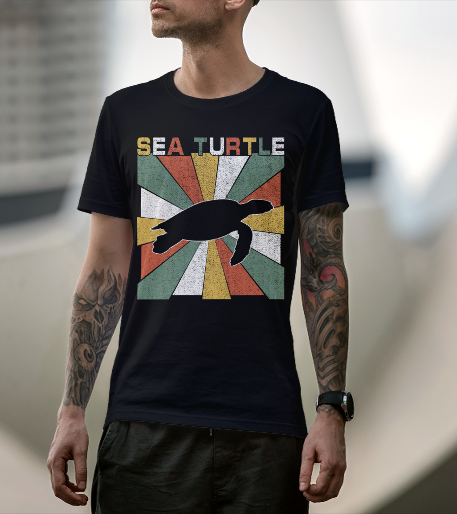 Sea Turtle Retro 70s Vintage Silhouette Distressed Color Blocking T-Shirt
