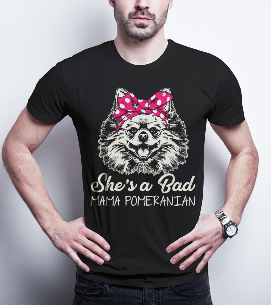 She's A Bad Mama Pomeranian Red Polka Dot Bow T-Shirt