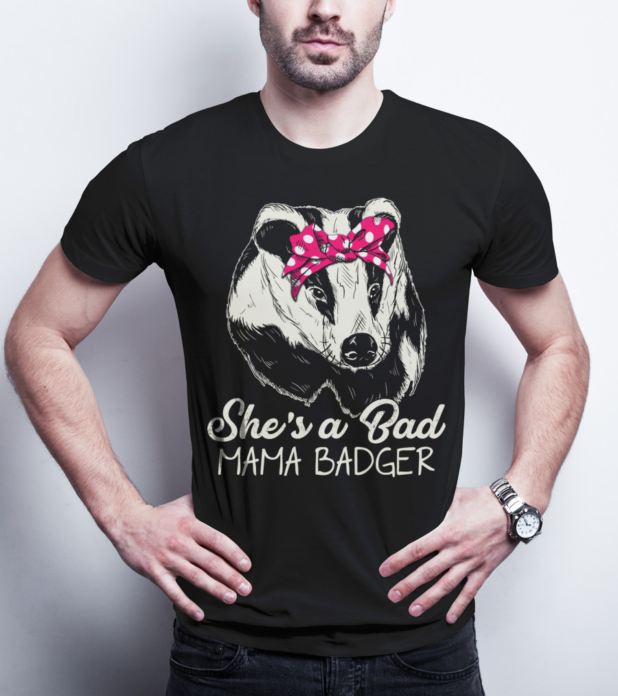 She's A Bad Mama Badger With Pink Polka Dot Bow T-Shirt
