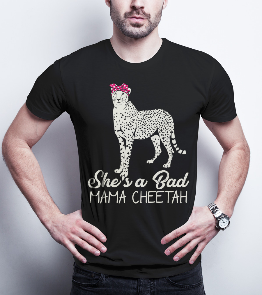 She's A Bad Mama Cheetah With Pink Polka Dot Bow T-Shirt