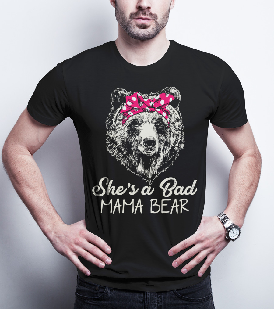 She's A Bad Mama Bear With Polka Dot Bow T-Shirt