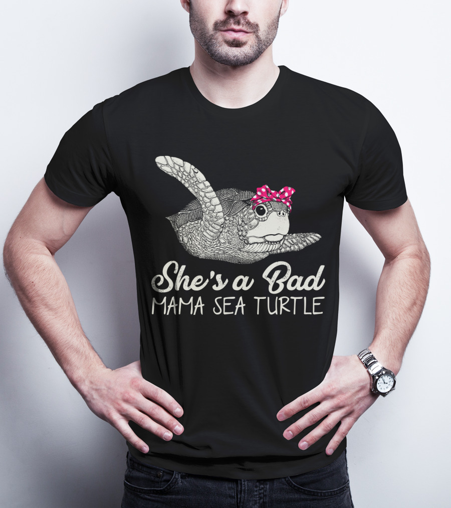 She's A Bad Mama Sea Turtle With Pink Polka Dot Bow T-Shirt