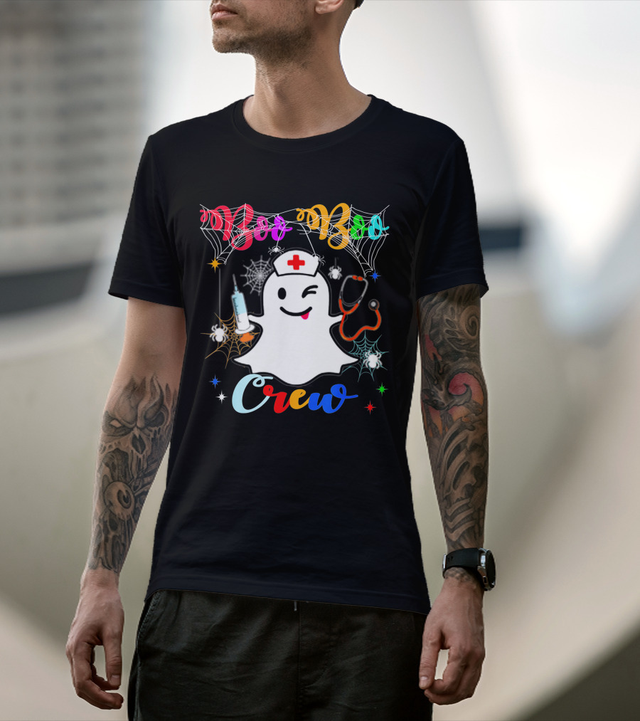 Boo Boo Crew Ghost Nurse Winking With Stethoscope And Syringe Halloween Spider Webs T-Shirt