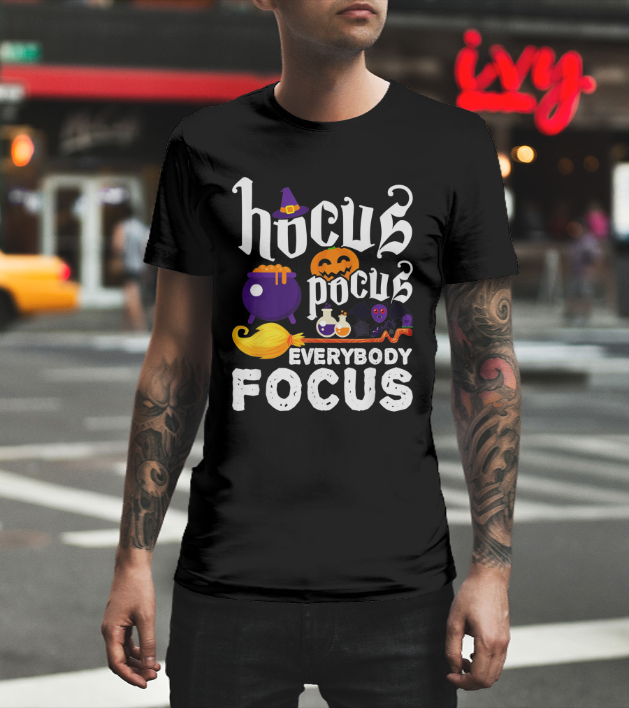 Hocus Pocus Everybody Focus Funny Halloween Costume Cauldron Pumpkin Broom Bat Potions T-Shirt