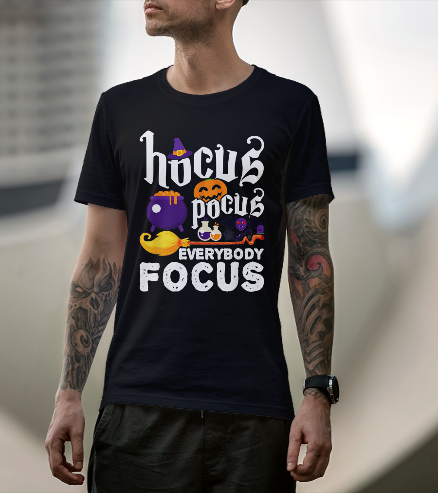 Hocus Pocus Everybody Focus Funny Halloween Costume Cauldron Pumpkin Broom Bat Potions T-Shirt
