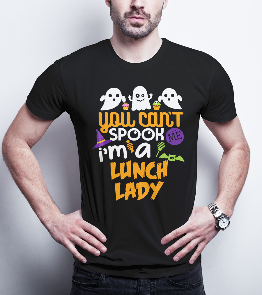 You Can't Spook Me I'm A Lunch Lady Halloween Costume Party Ghosts Candy Cupcakes Bat Hat T-Shirt