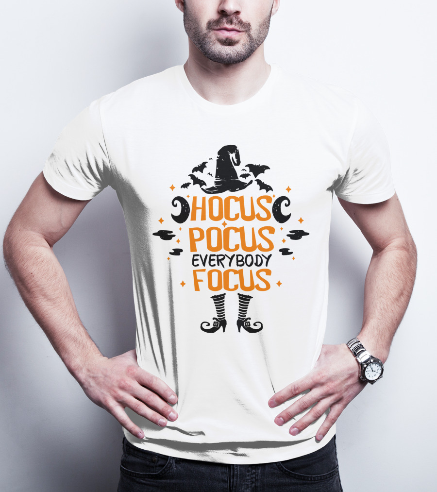 Halloween Hocus Pocus Everybody Focus Funny Teacher Witch Hat Bats Boots T-Shirt