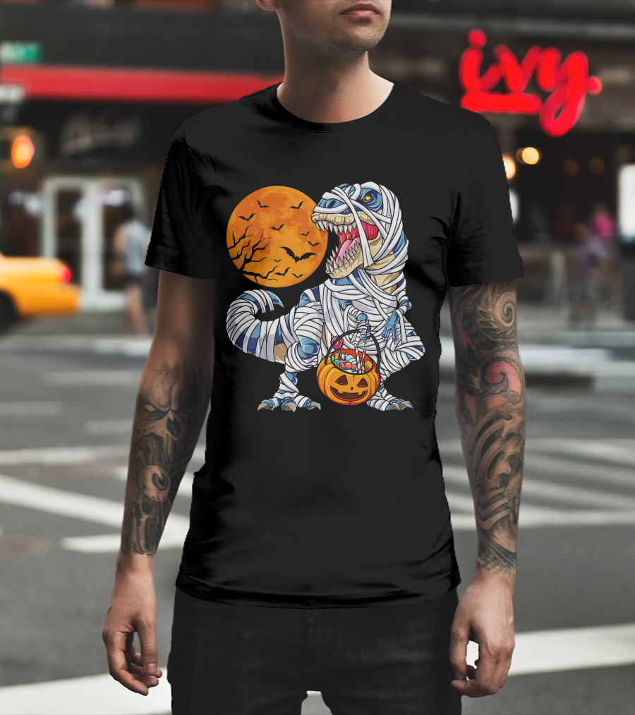 Halloween Dinosaur T-Rex Mummy Pumpkin Moon Bats T-Shirt