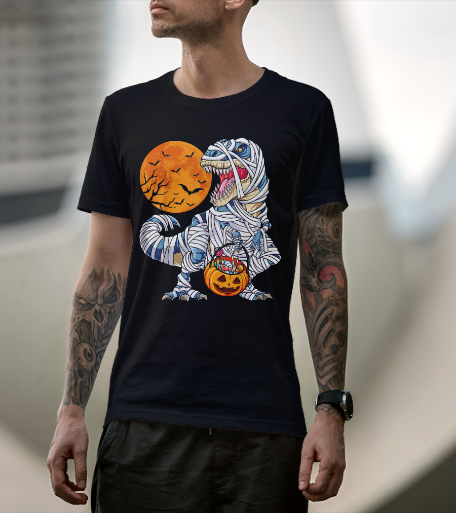 Halloween Dinosaur T-Rex Mummy Pumpkin Moon Bats T-Shirt