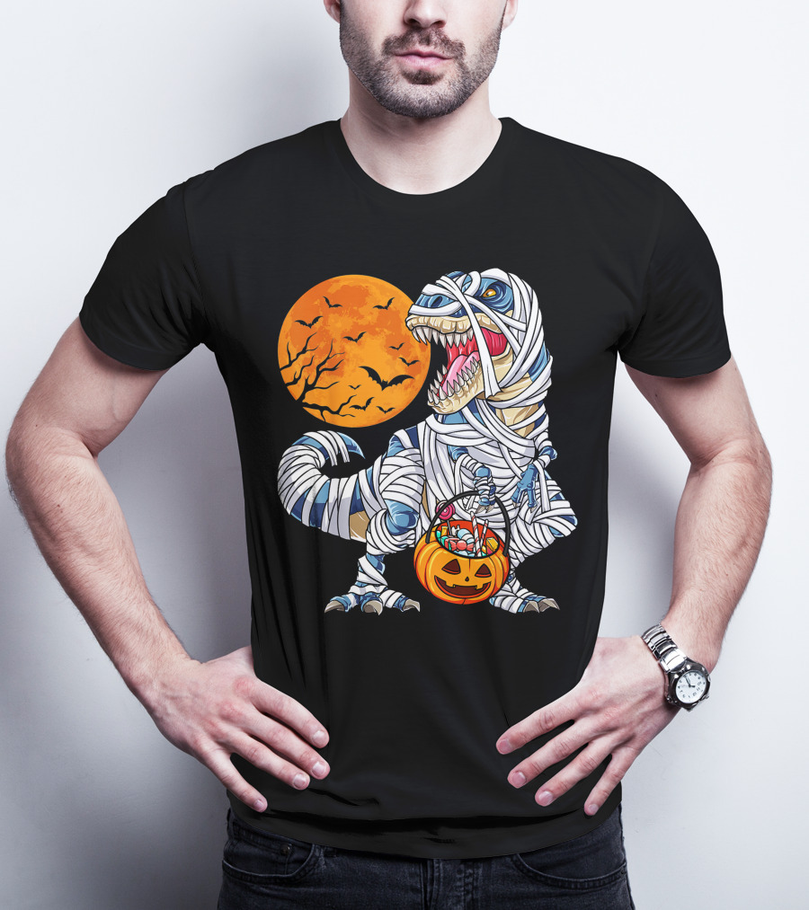 Halloween Dinosaur T-Rex Mummy Pumpkin Moon Bats T-Shirt