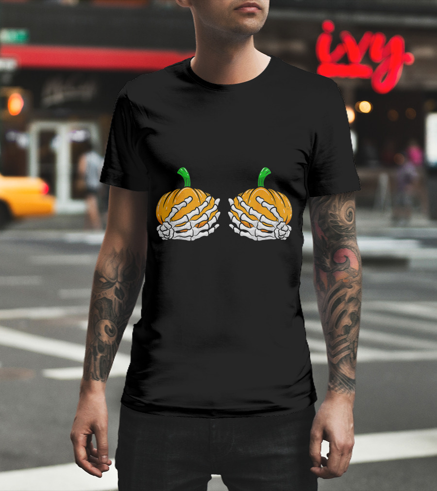 Halloween Pumpkin Skeleton Hands Bra T-Shirt