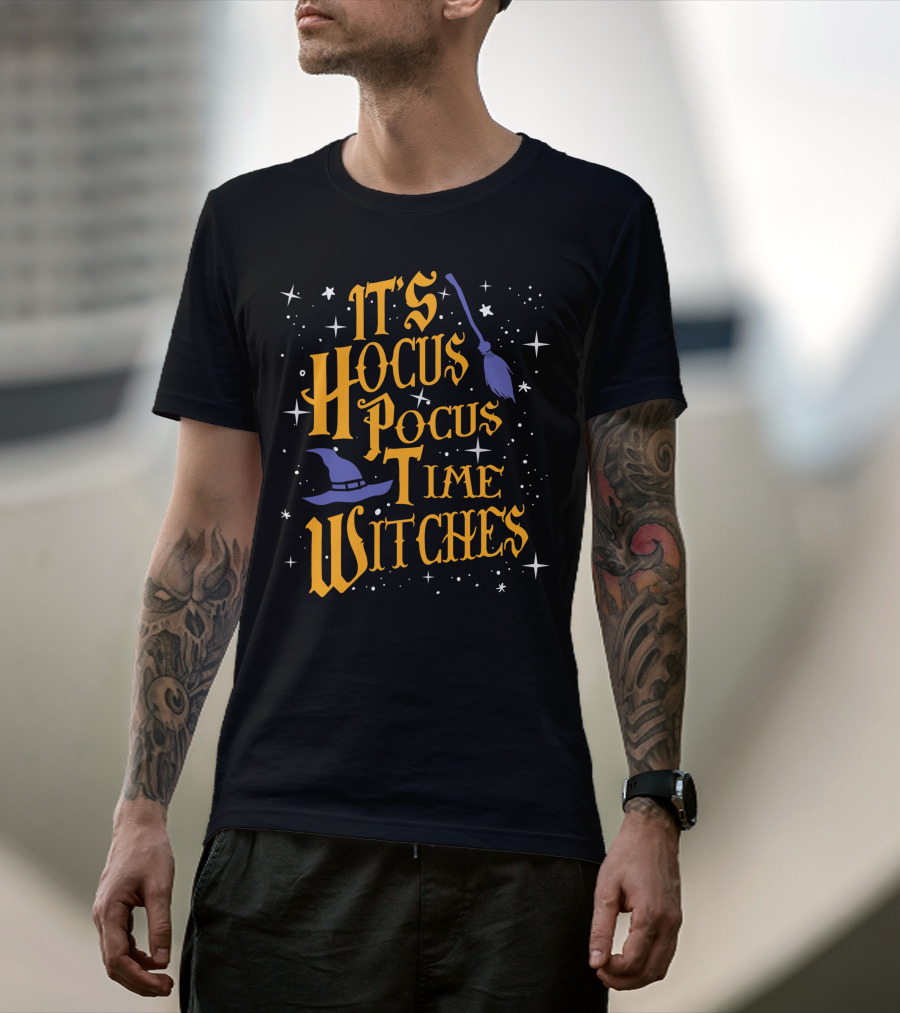 Halloween It's Hocus Pocus Time Witches With Stars Broom And Hat T-Shirt