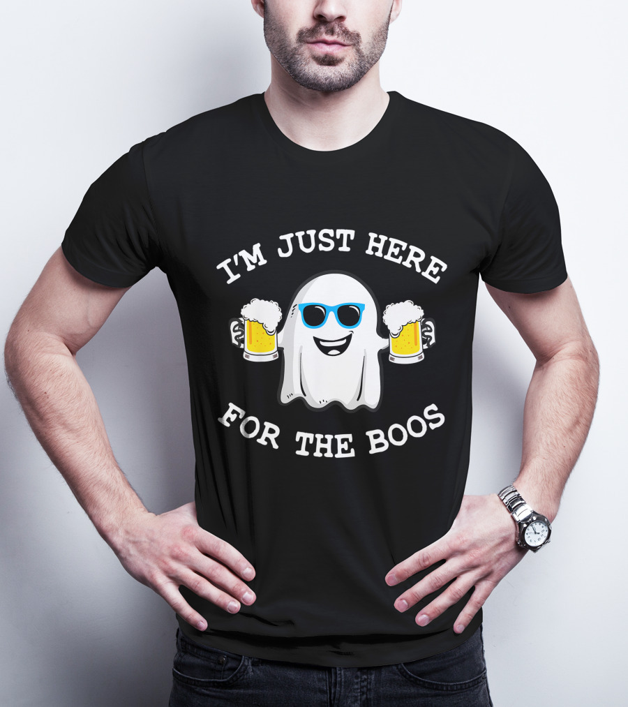 I'm Just Here For The Boos Funny Halloween Ghost With Beers And Sunglasses T-Shirt