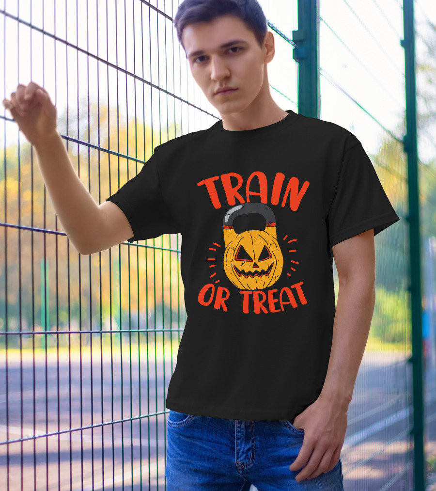 Train Or Treat Pumpkin Kettlebell T-Shirt