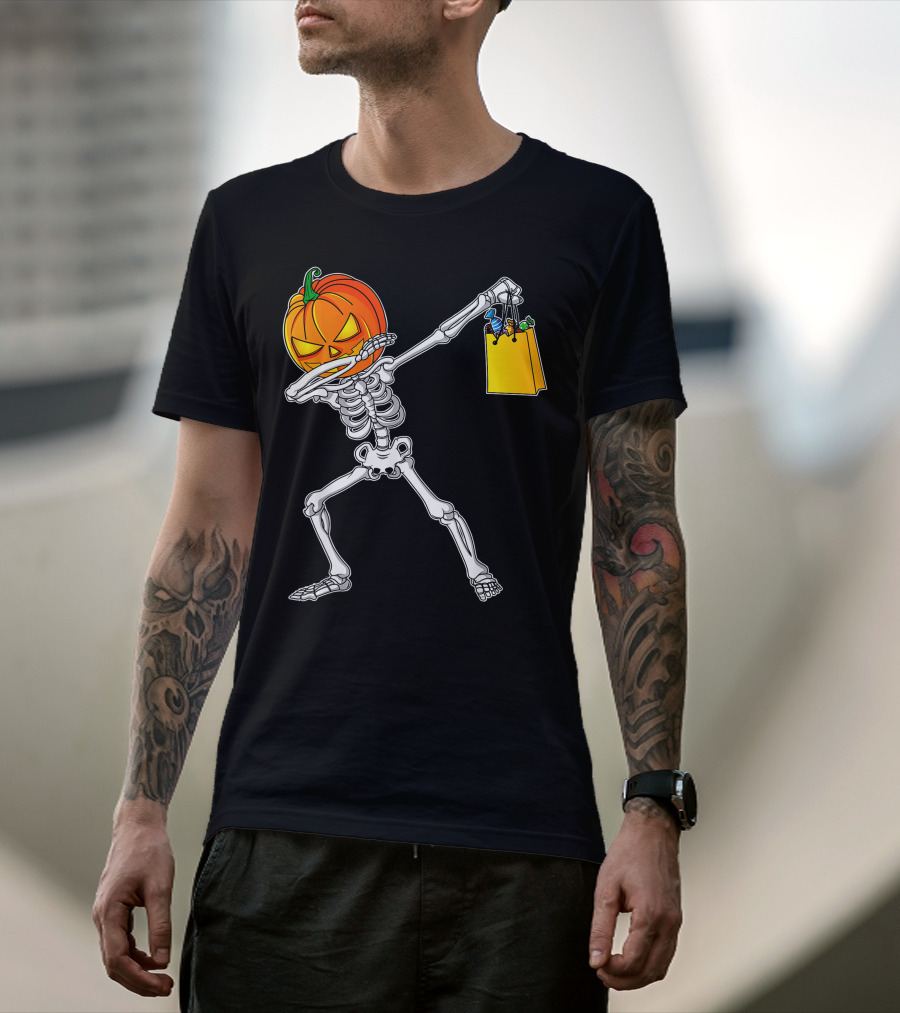 Funny Dabbing Skeleton With Pumpkin Head And Candy Bag For Halloween Kids T-Shirt
