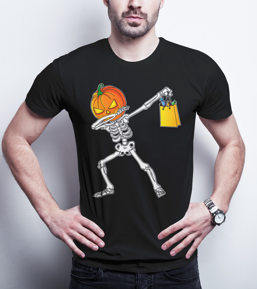 Funny Dabbing Skeleton With Pumpkin Head And Candy Bag For Halloween Kids T-Shirt