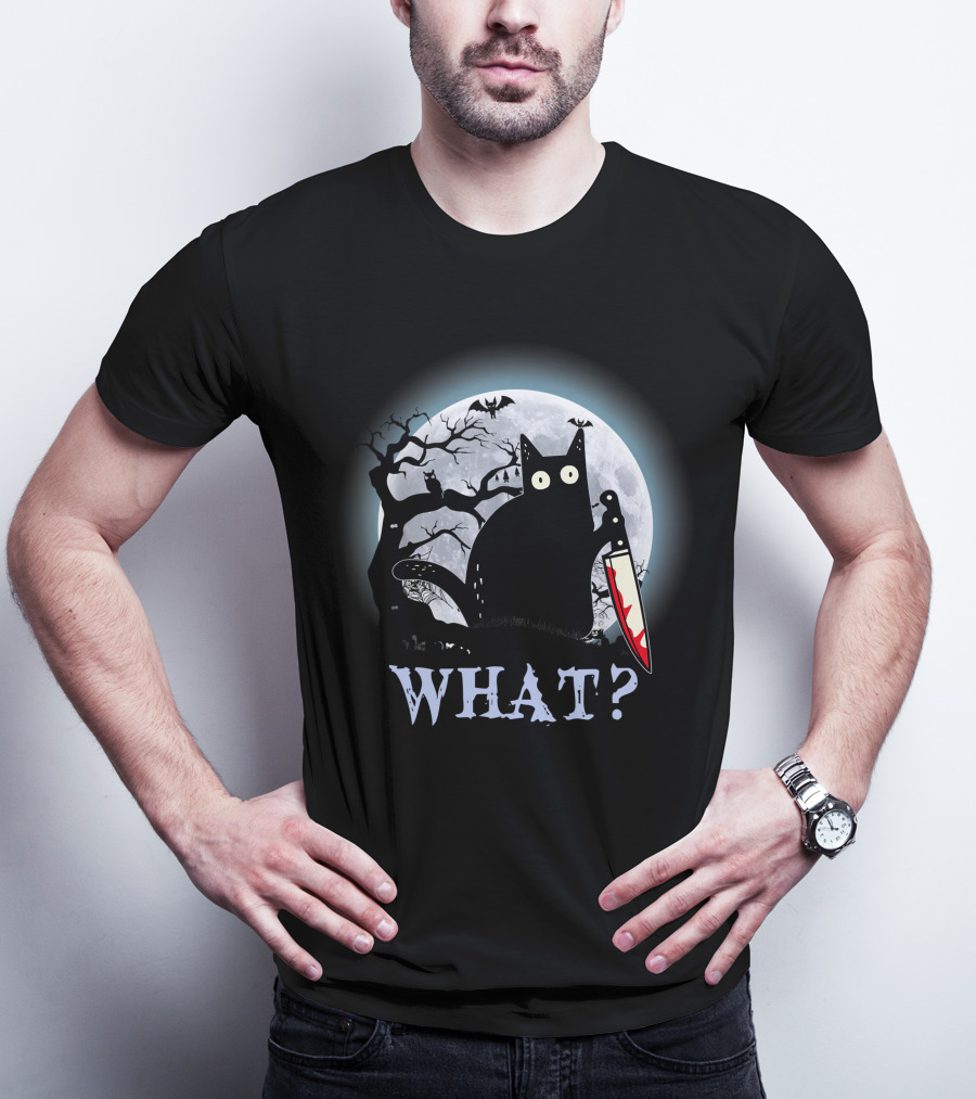 What? Black Cat With Knife Moon Halloween Scene T-Shirt