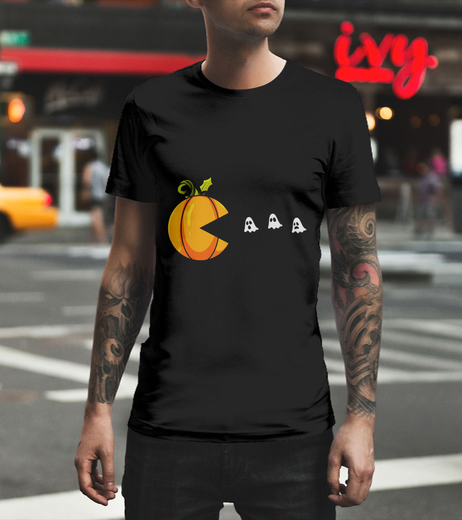 Pumpkin Pac-Man Chomping Ghosts Halloween T-Shirt