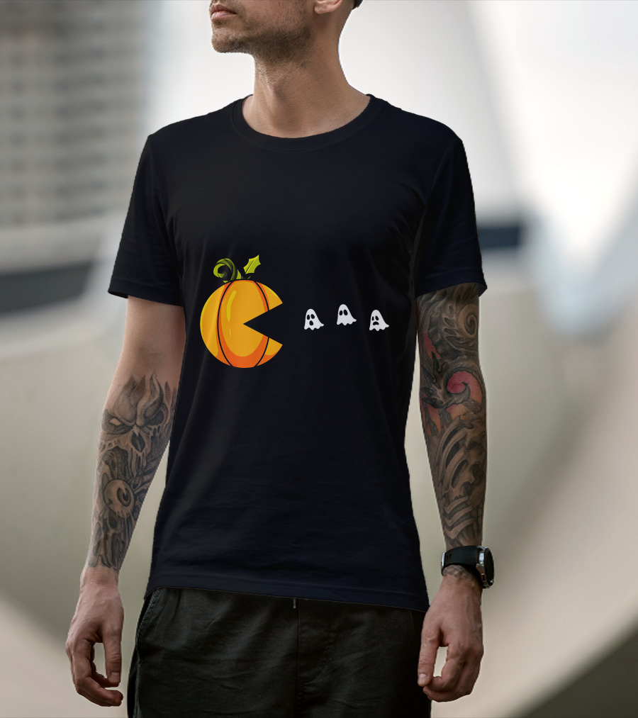Pumpkin Pac-Man Chomping Ghosts Halloween T-Shirt
