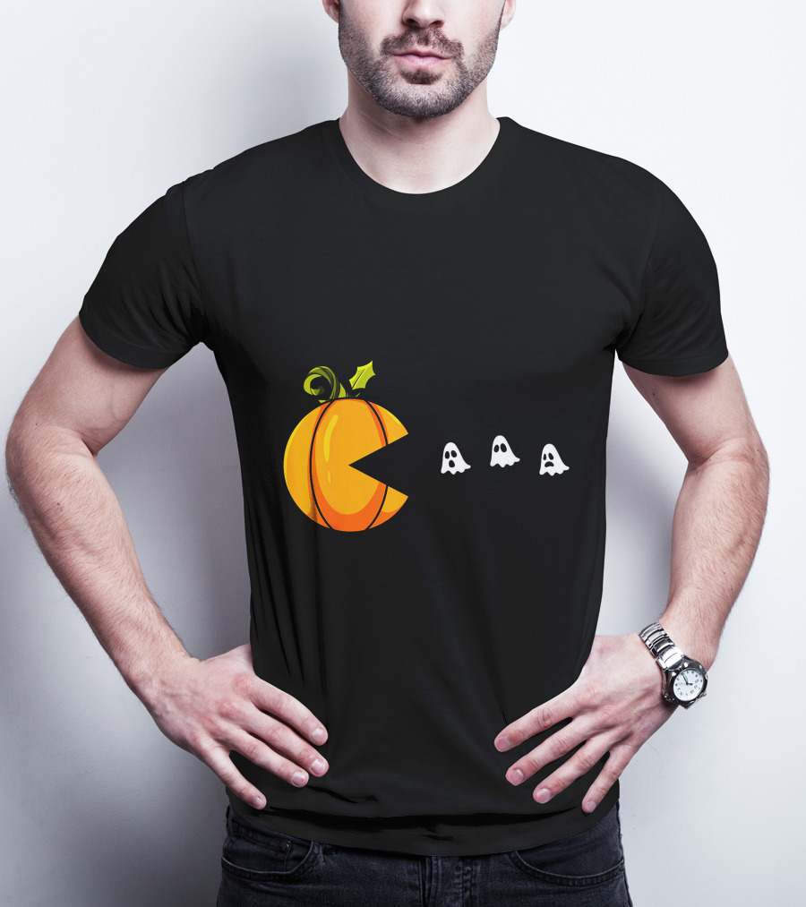 Pumpkin Pac-Man Chomping Ghosts Halloween T-Shirt