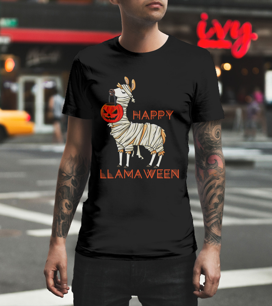 Happy Llamaween Funny Halloween Mummy Llama With Pumpkin Girls T-Shirt