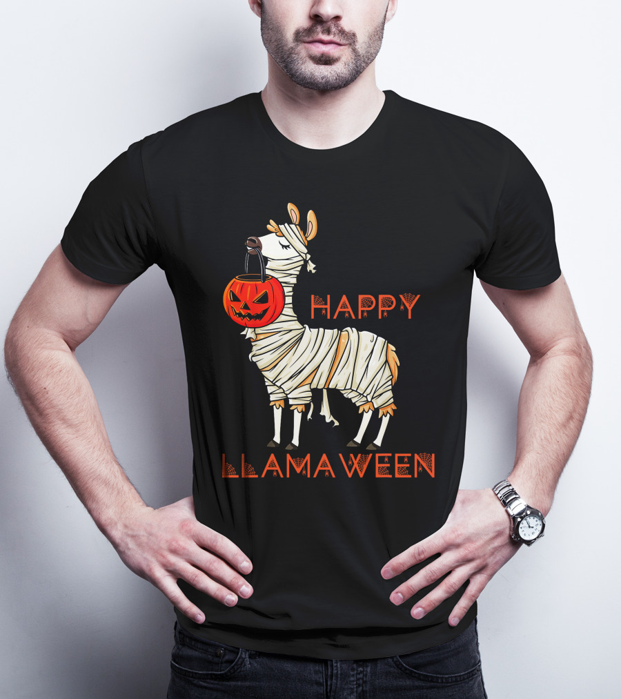 Happy Llamaween Funny Halloween Mummy Llama With Pumpkin Girls T-Shirt
