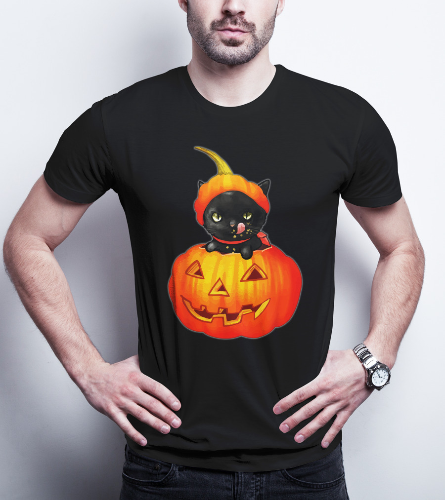 Funny Halloween Cats And Pumpkins With Scary Black Cat T-Shirt
