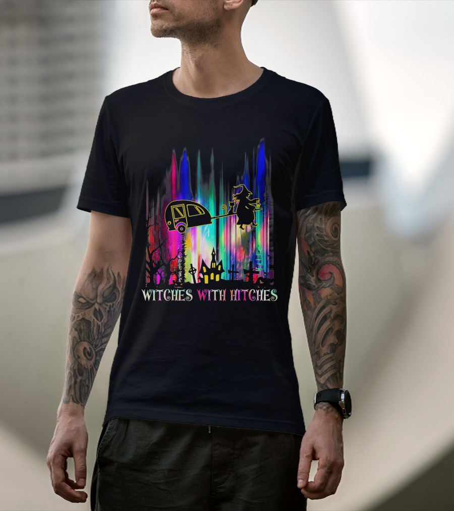 Witches With Hitches Halloween Camping Scene With Colorful Background T-Shirt